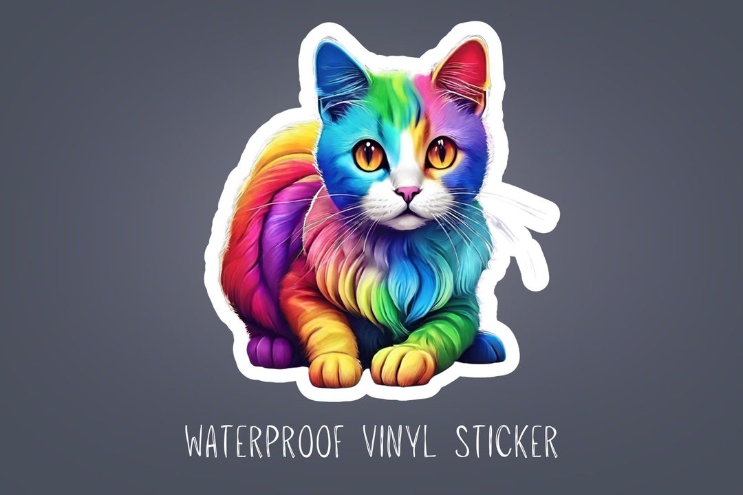 Waterproof Cat Sticker, Rainbow Cat Sticker, Bright Cute Cat, Cat Water ...