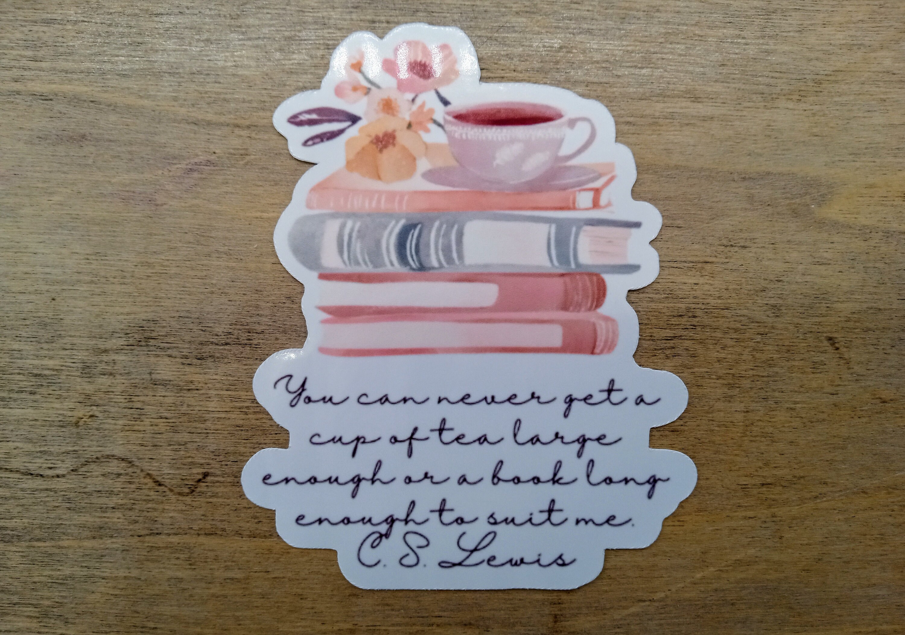 Large Books and Tea Water Resistant Vinyl Sticker, Stack of Books and ...