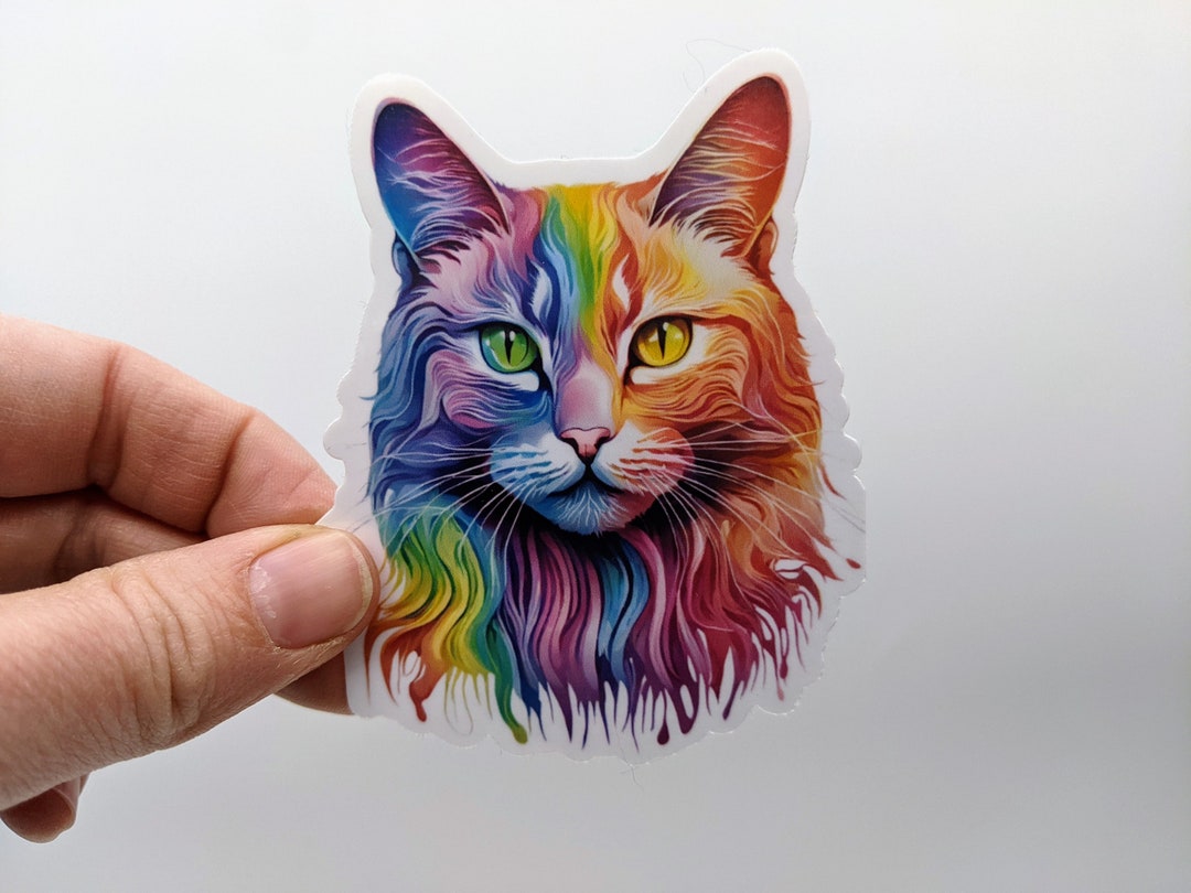 Artistic Rainbow Cat Water Resistant Vinyl Sticker, Rainbow Cat Sticker ...