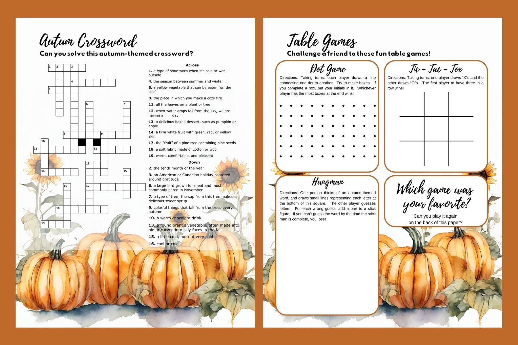 Coordinated Fall Printable Activity Sheets, Autumn Activity Sheet Set ...