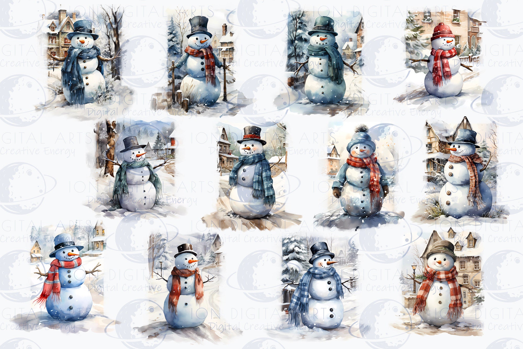 Snowman Clipart Bundle: 36 Watercolor Winter Holiday Pngs (digital ...