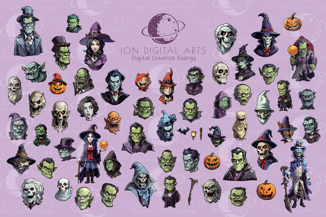 60 Halloween Characters Clipart, Dark Fantasy Art Scary Monsters ...