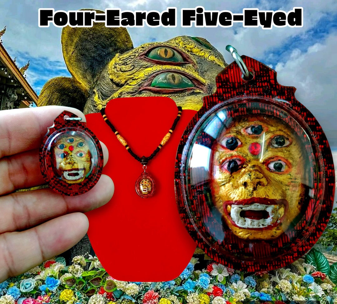 Sihuhata Amulet: Four Ears Five Eyes Thai Deity, Coconut Necklace - Etsy