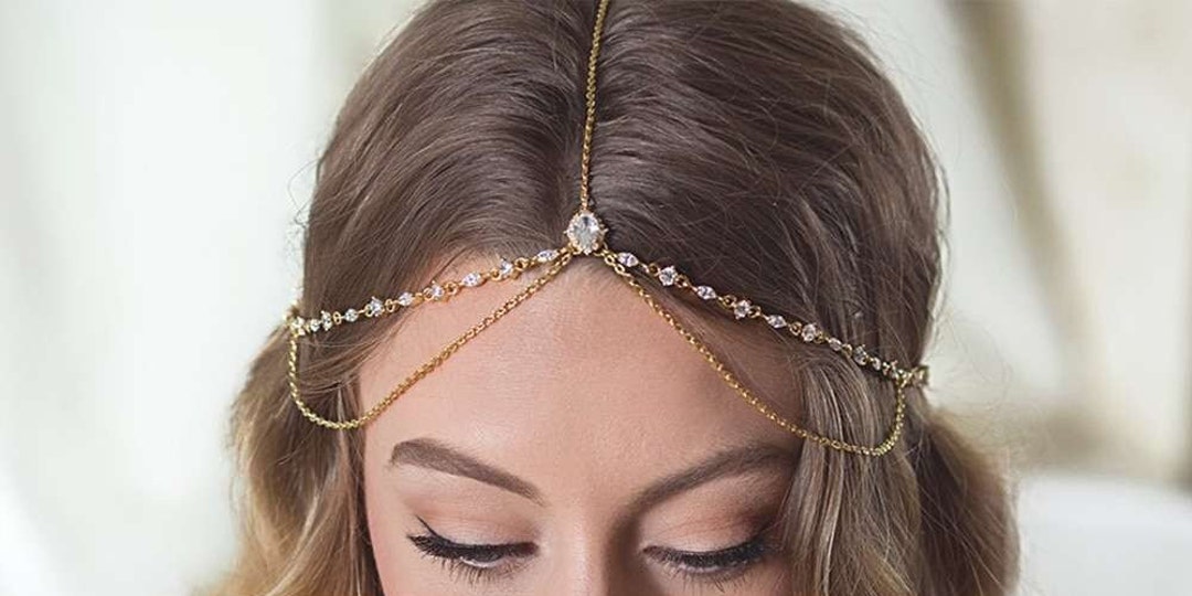 Boho Bridal Head Chain, CZ Leaf Forehead Headband Chain, Hair Jewelry ...