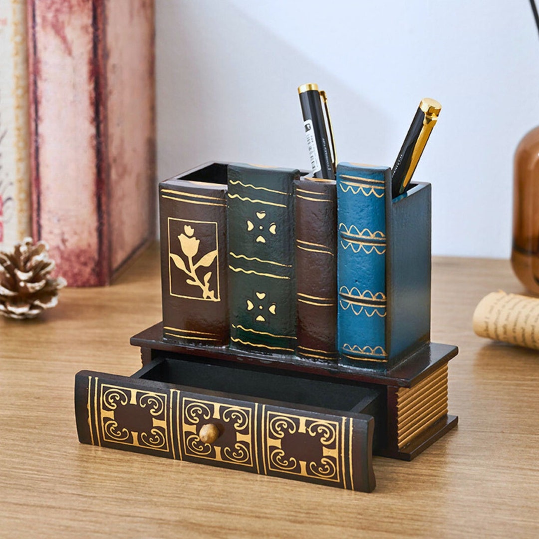 Book Box and Pencil Pot, Fake Book Storage, Vintage Wooden Pen Holder ...
