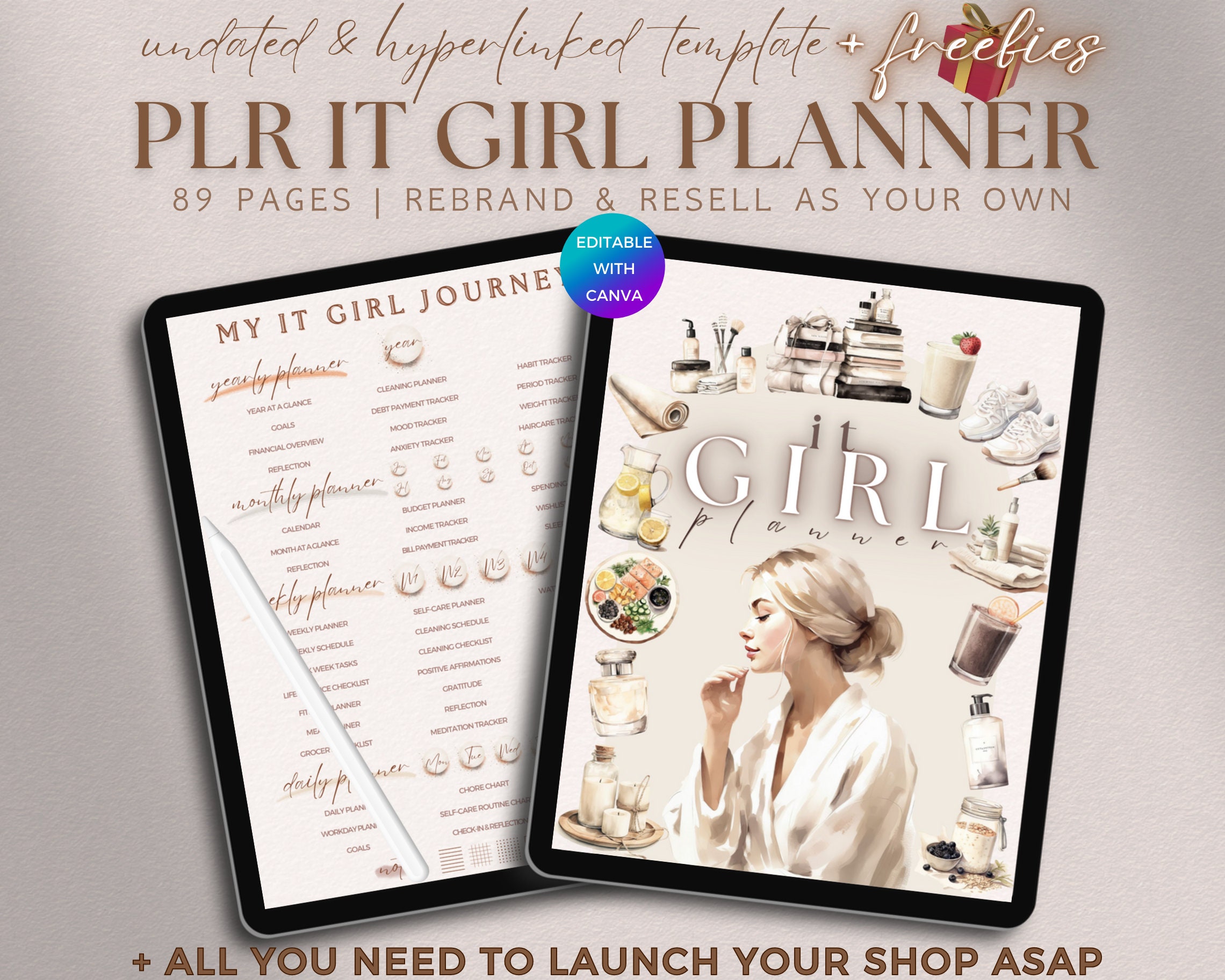 PLR It Girl Digital Planner Template Editable Clean Girl Aesthetic DFY ...