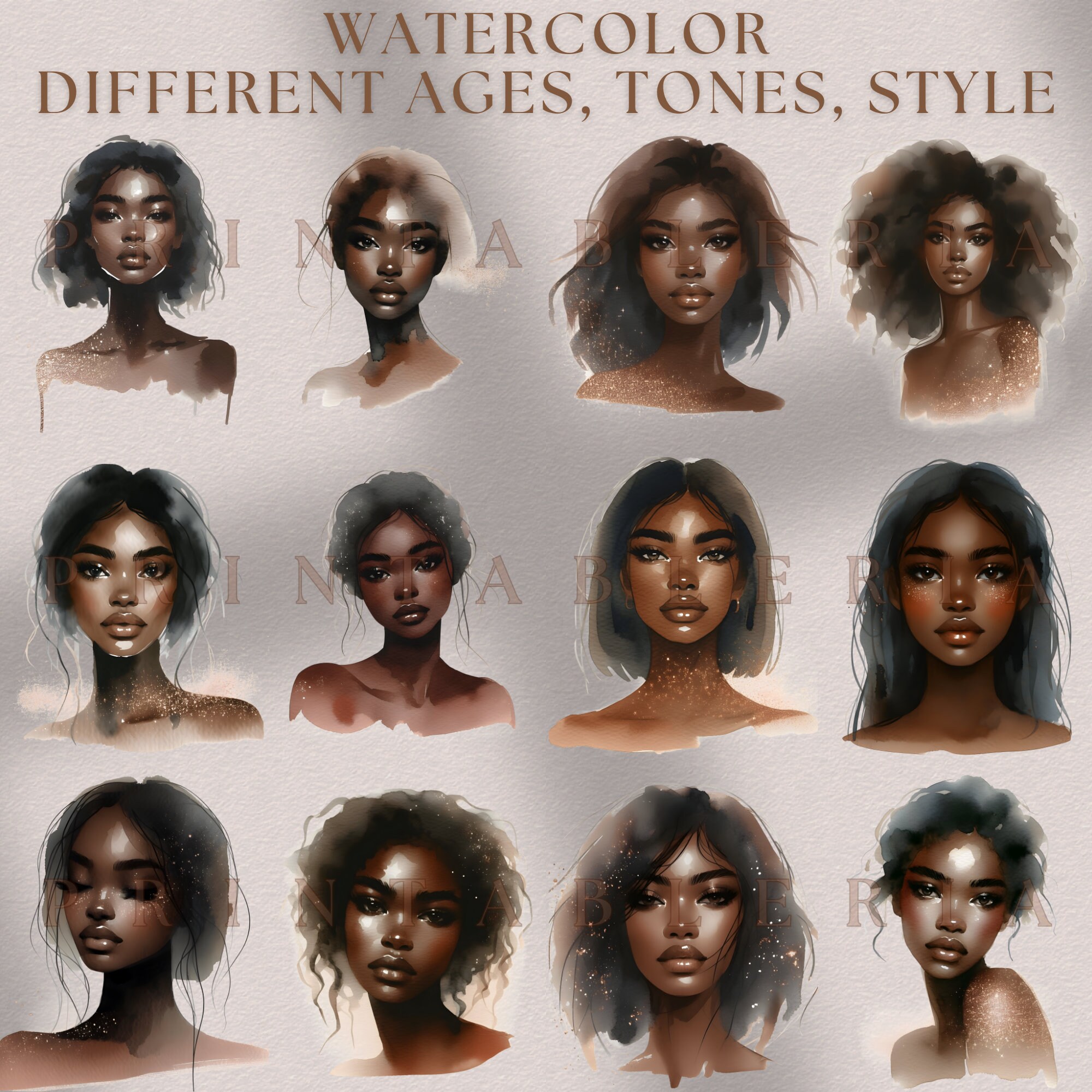 Black Girl Faces Clipart Watercolor, Beautiful Afro Women Clip Art ...