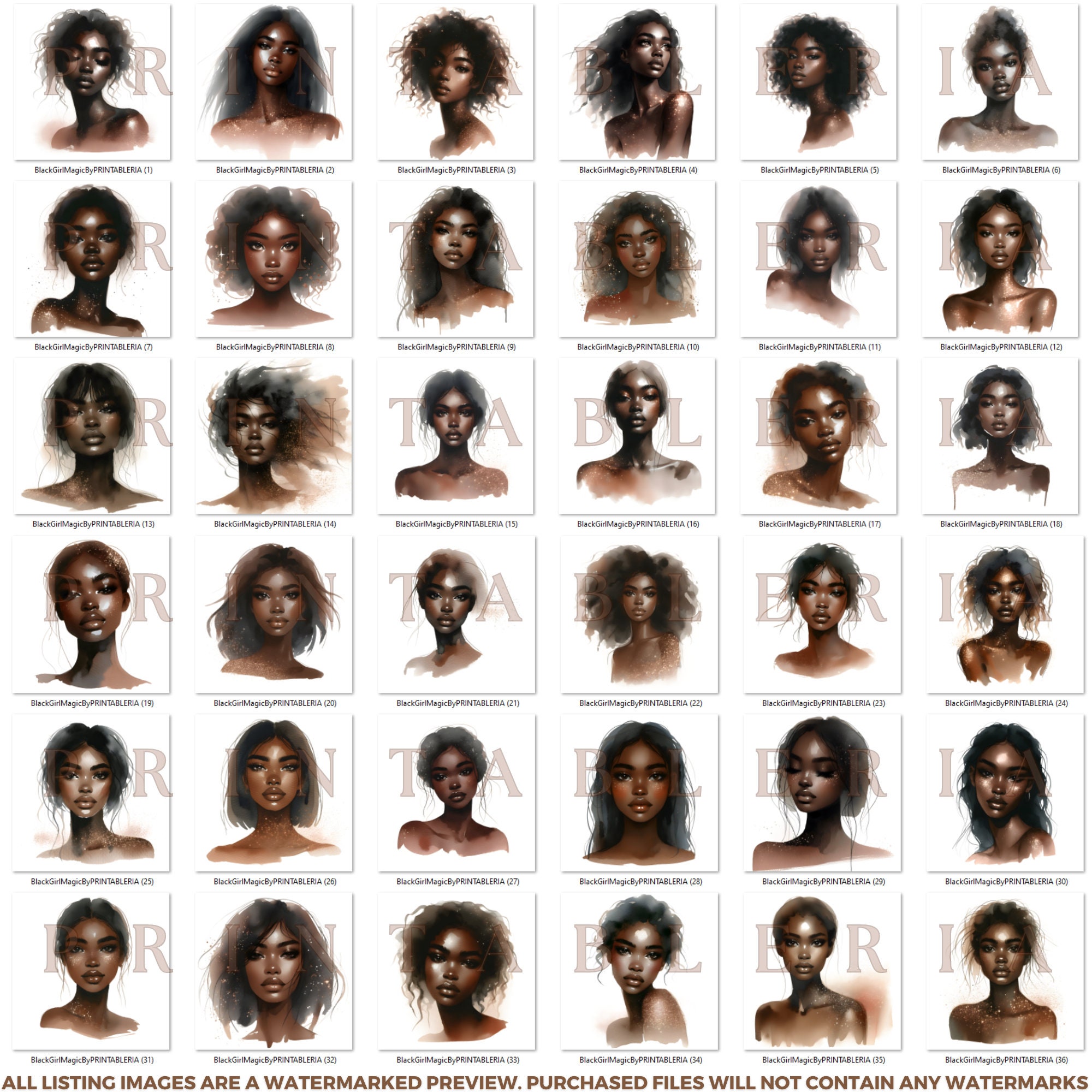 Black Girl Faces Clipart Watercolor, Beautiful Afro Women Clip Art ...