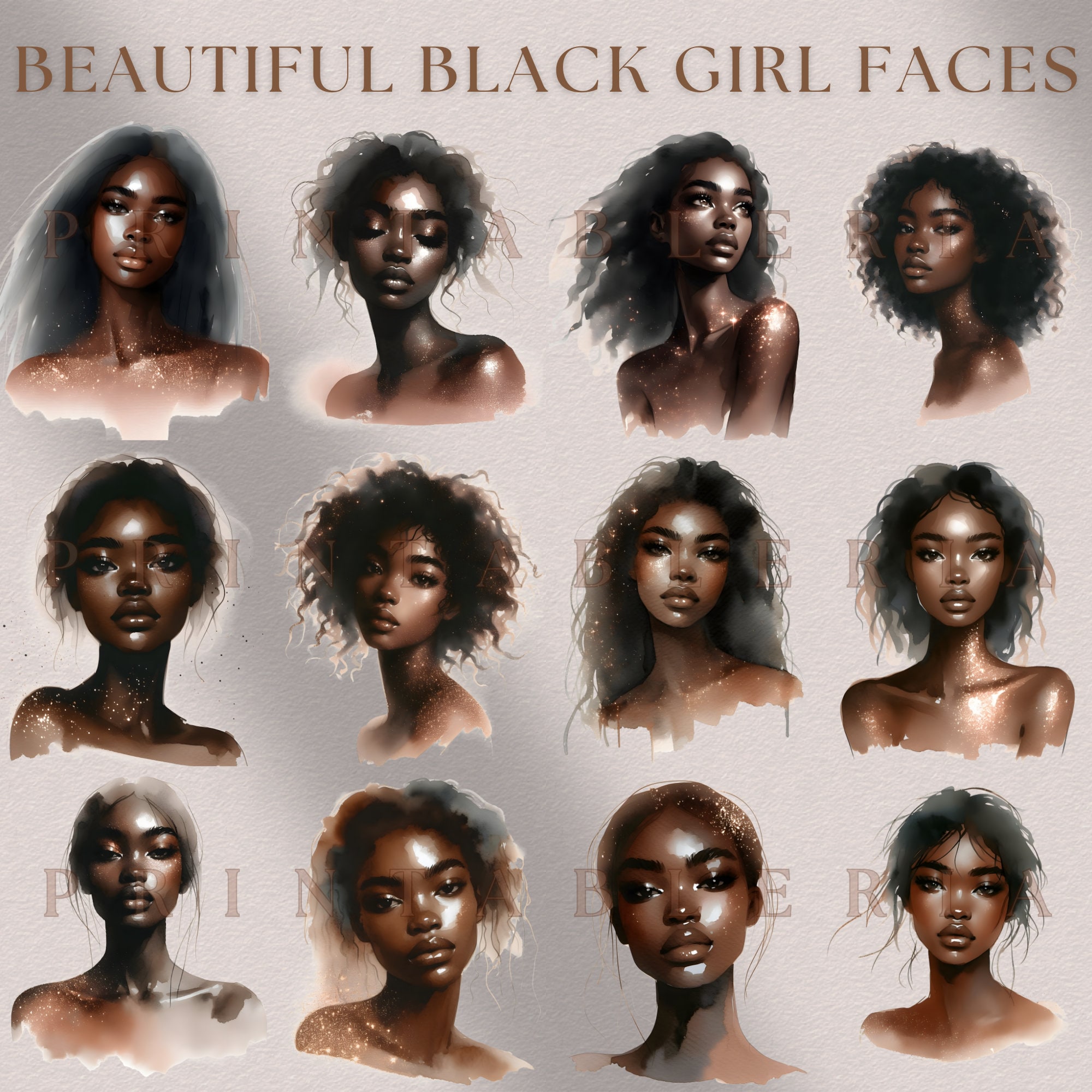 Black Girl Faces Clipart Watercolor, Beautiful Afro Women Clip Art ...