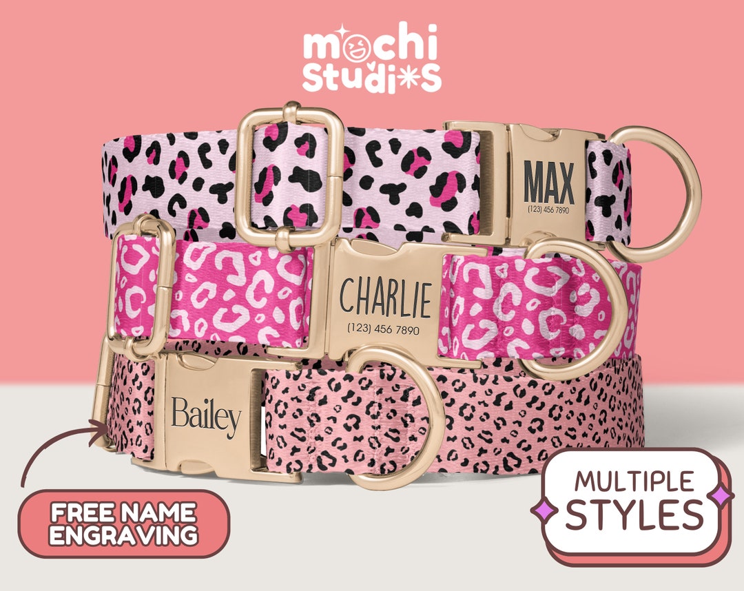 Pink Cheetah Print Dog Collar, Custom Dog Collar With Name, Pink ...