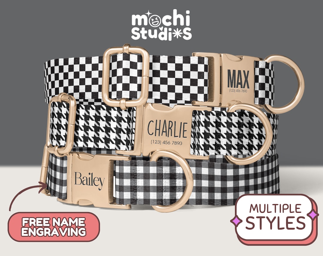 Gigham Dog Collar in Black and White, Checkered Print, Checkered ...