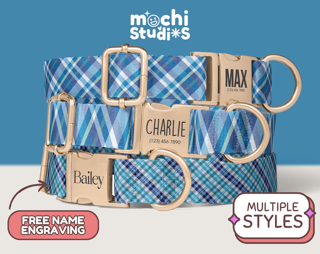 Blue Plaid Print Personalized Dog Collar, Custom Name, Metal Buckle ...