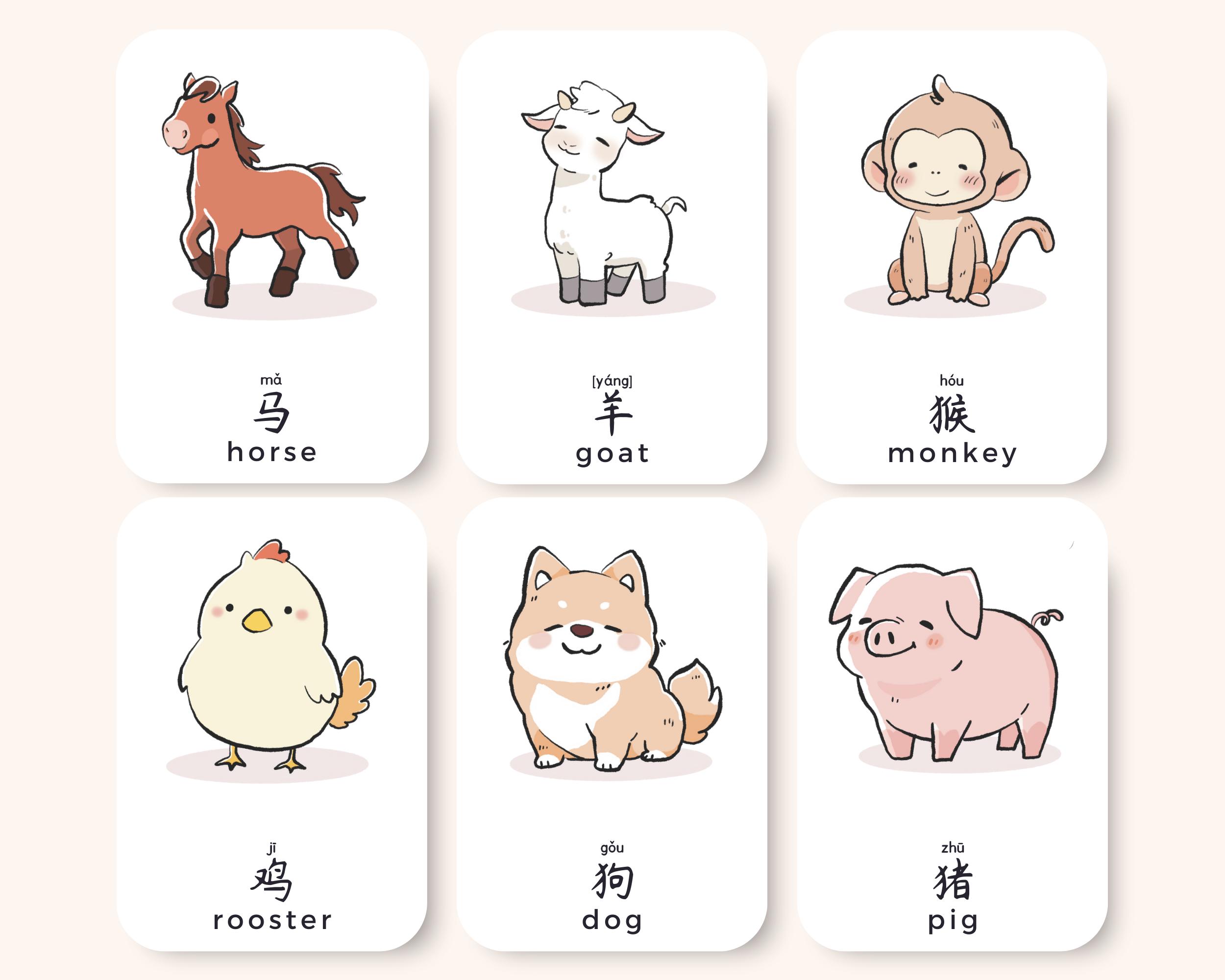 12 Bilingual Chinese Zodiac Animal Cards Montessori Flashcards ...