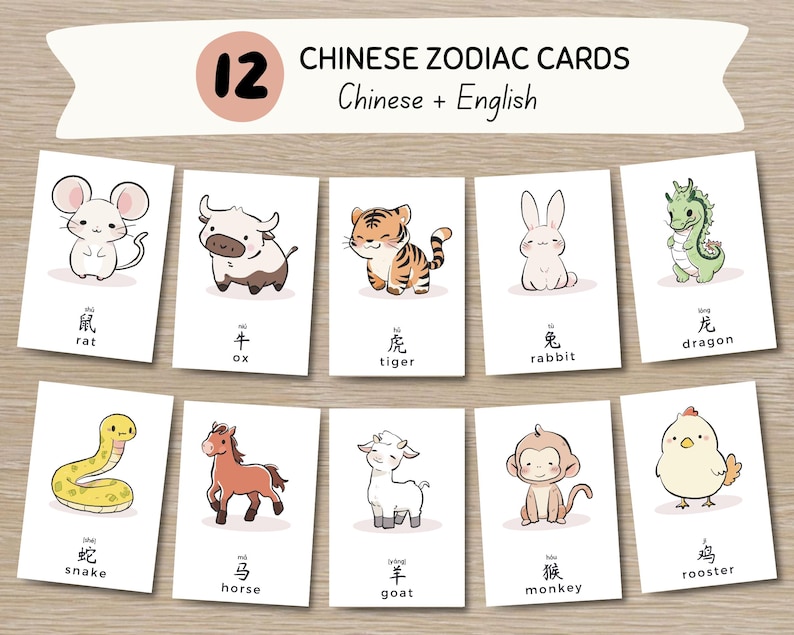 12 Bilingual Chinese Zodiac Animal Cards Montessori Flashcards ...
