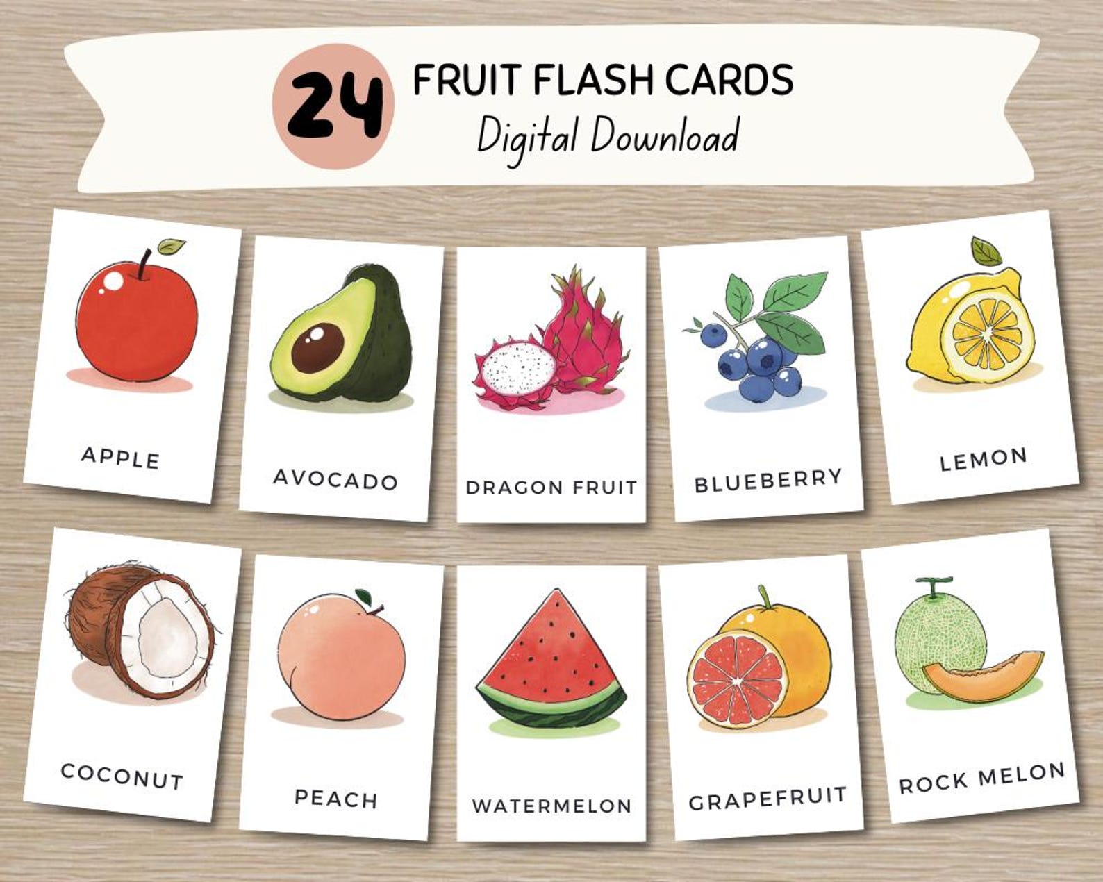 Fruits Cards Montessori Flashcards Preschool Educational Printable ...