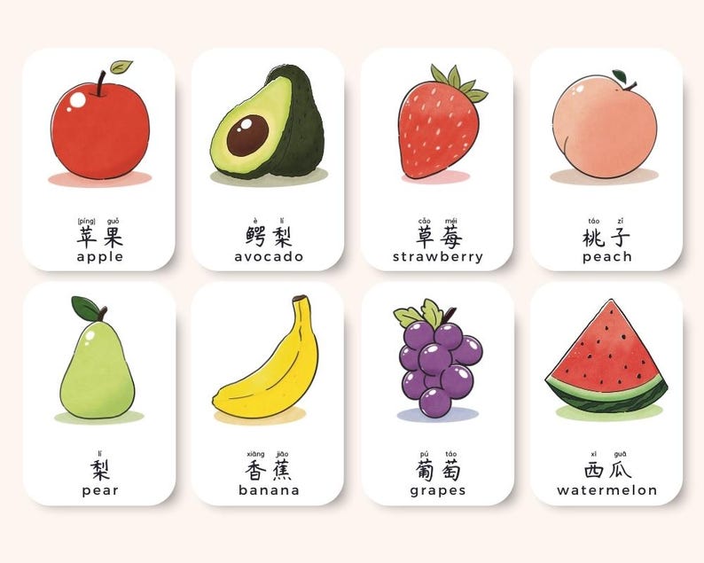 Bilingual Chinese English Fruits Cards Montessori Flashcards Preschool ...