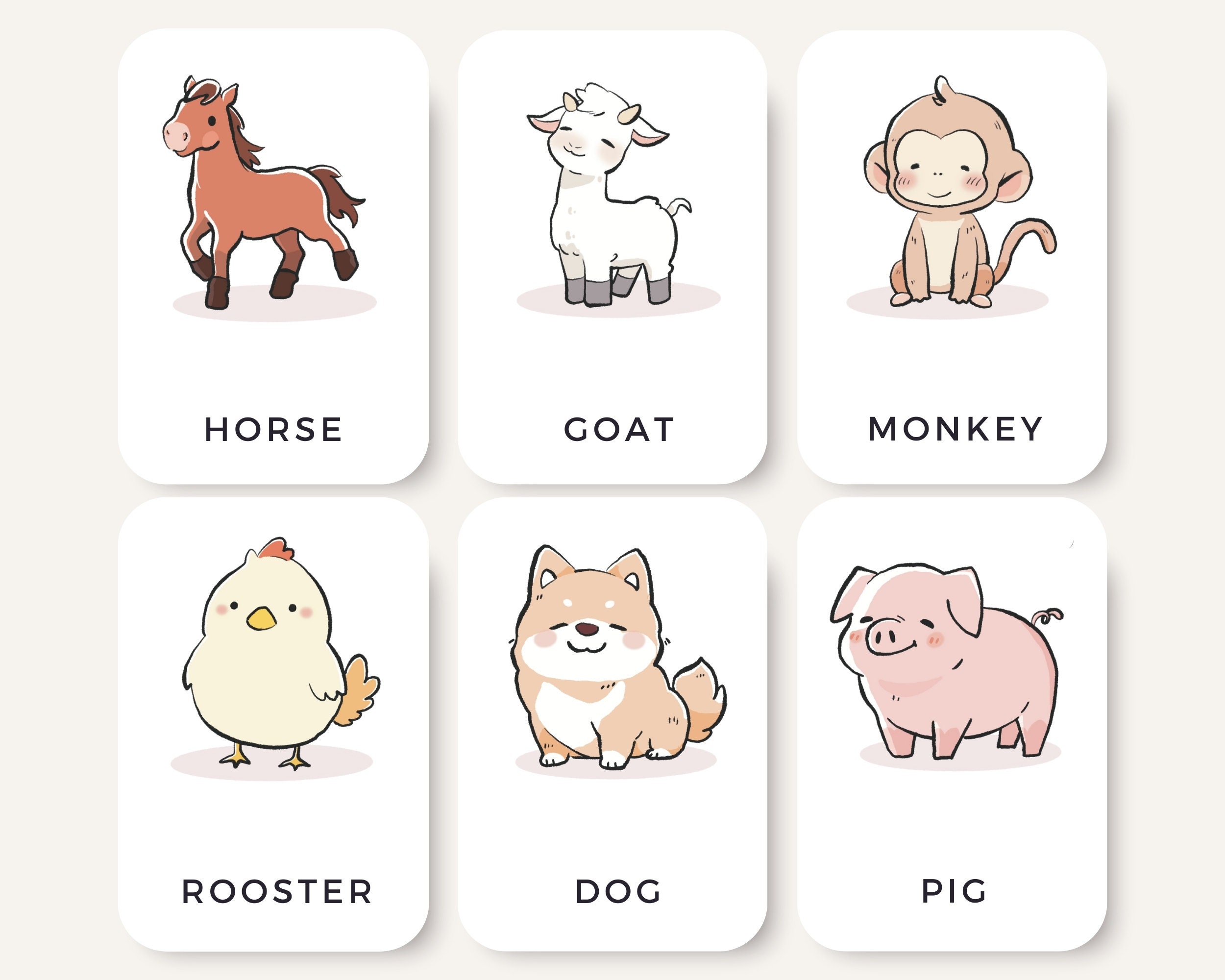 12 Chinese Zodiac Animal Cards Montessori Flashcards Preschool ...