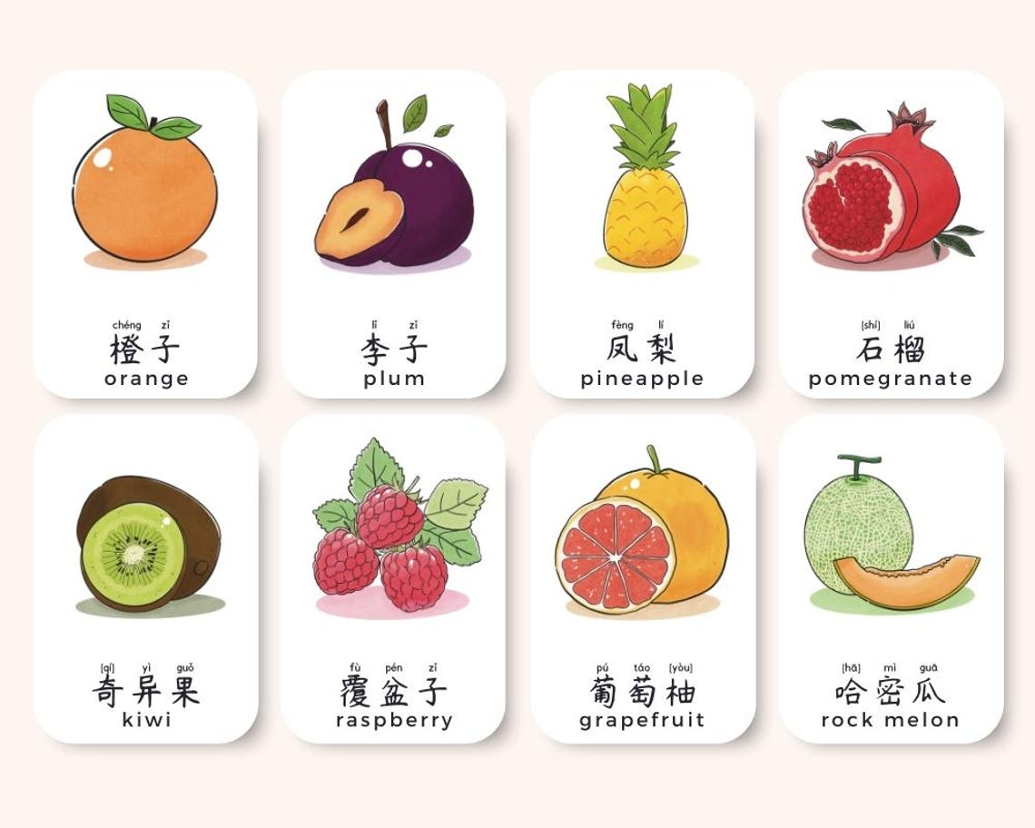 Bilingual Chinese English Fruits Cards Montessori Flashcards Preschool ...