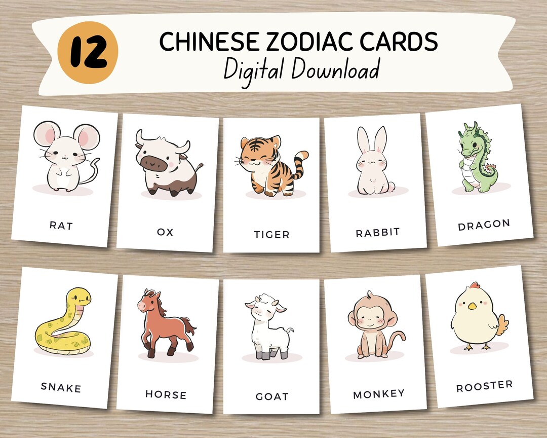 12 Chinese Zodiac Animal Cards Montessori Flashcards Preschool ...