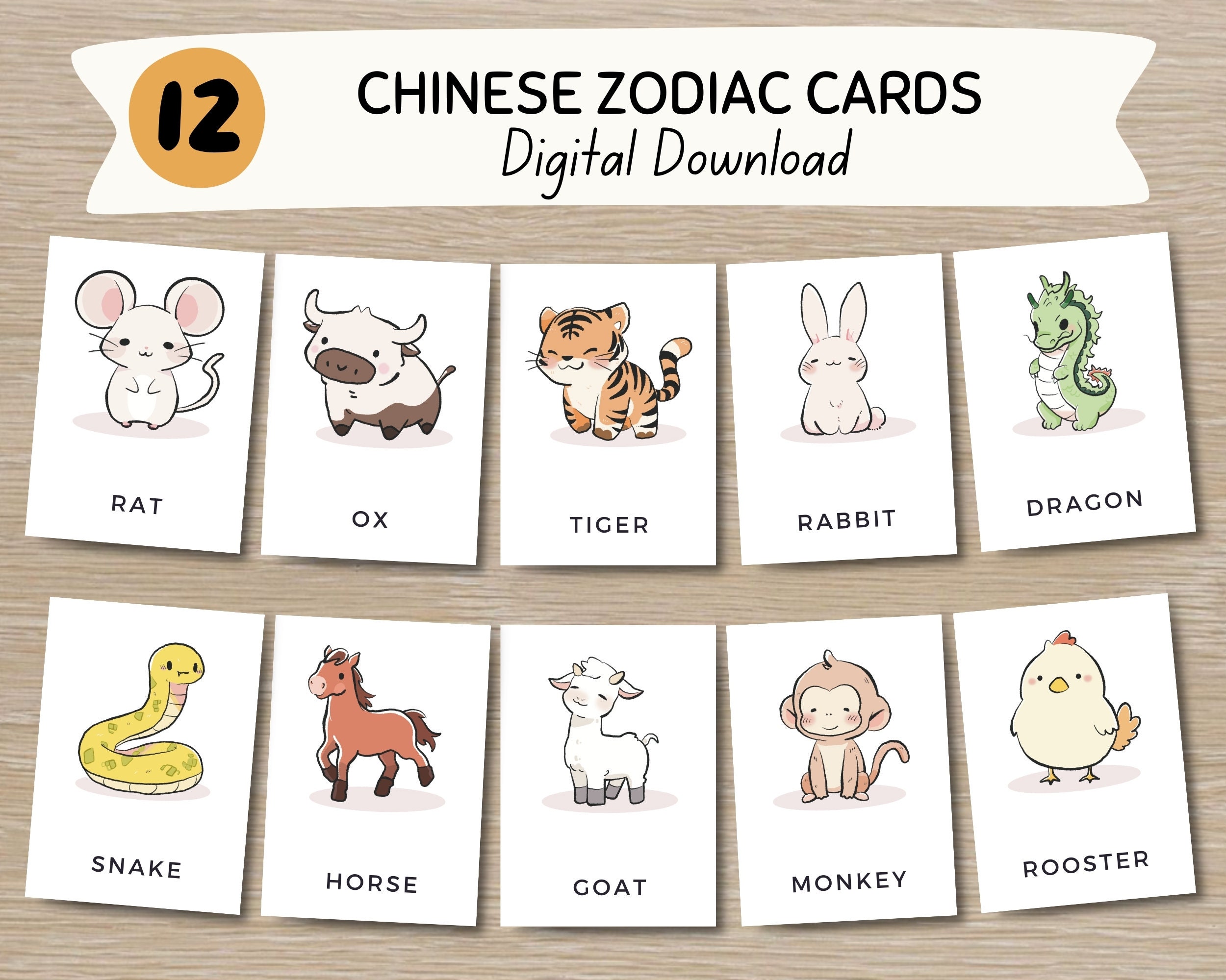 12 Chinese Zodiac Animal Cards Montessori Flashcards Preschool ...