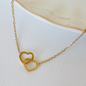 Double Heart Intertwined Necklace in Gold, Linked Love Hearts Necklace ...