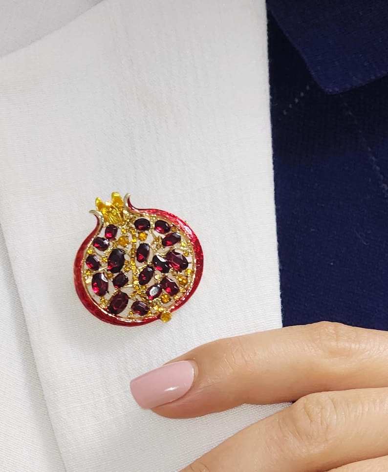 Gold Tone Pomegranate Brooch, Red Crystal Fruit Pin, Vintage Inspired ...