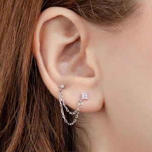 Sterling Silver CZ Flower Double Chain Earrings for Pierced Ears - Etsy