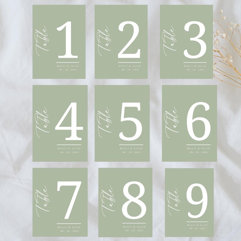 Sage Green Wedding Table Numbers, Printable Table Numbers, Editable ...
