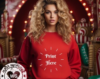 Gildan 18000 Red Sweatshirt Mockup G180 Red Crewneck Mockup Model Mock ...
