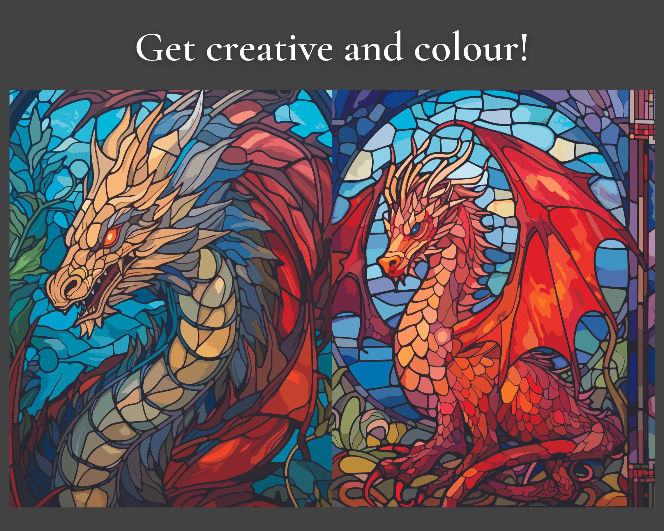 100+ Stained Glass Dragon Colouring Pages for Adults & Kids Instant PDF ...