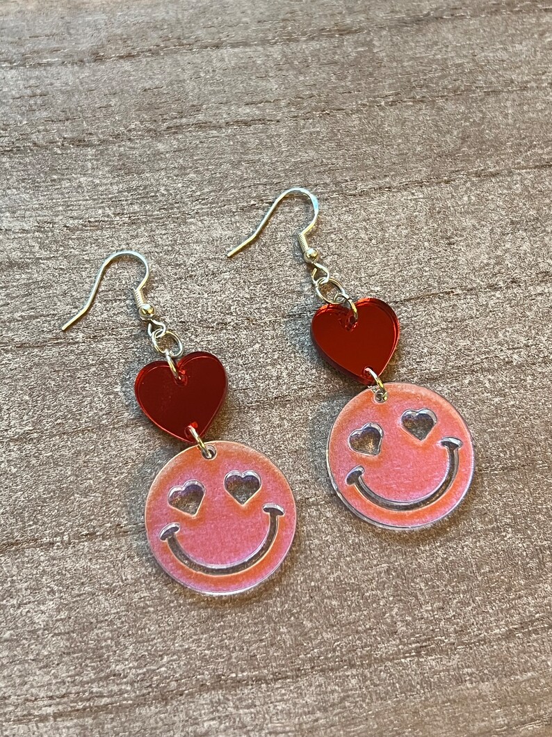 Smiley Face Acrylic Heart Dangle Earrings Valentines Day Gift Easter ...