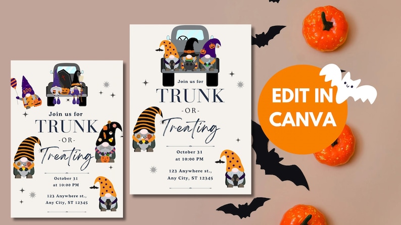 Editable Canva Trunk or Treat Invitation Gnomes Halloween - Etsy