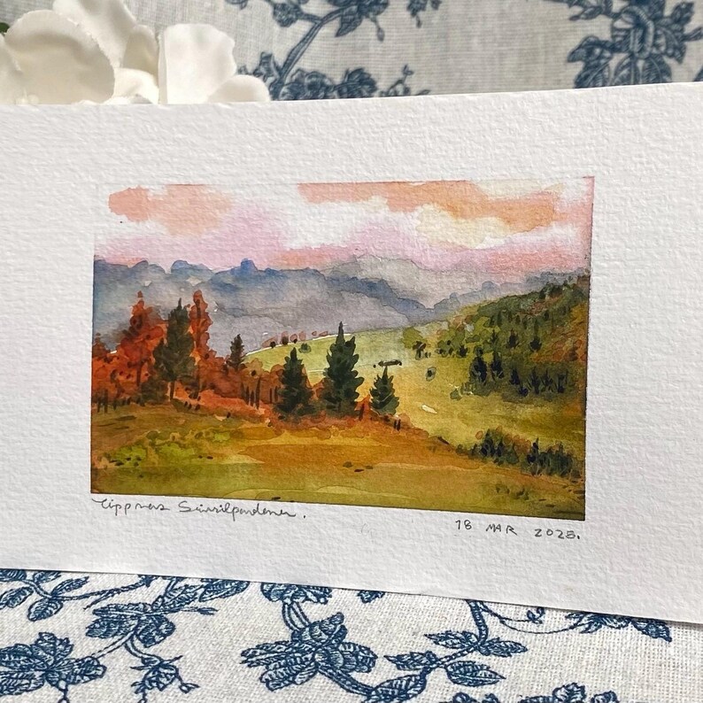 An Original Miniature Watercolor Painting of Nice Landscape Sunset and ...