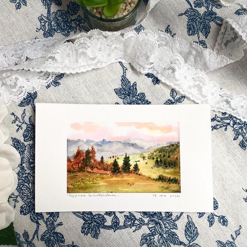 An Original Miniature Watercolor Painting of Nice Landscape Sunset and ...