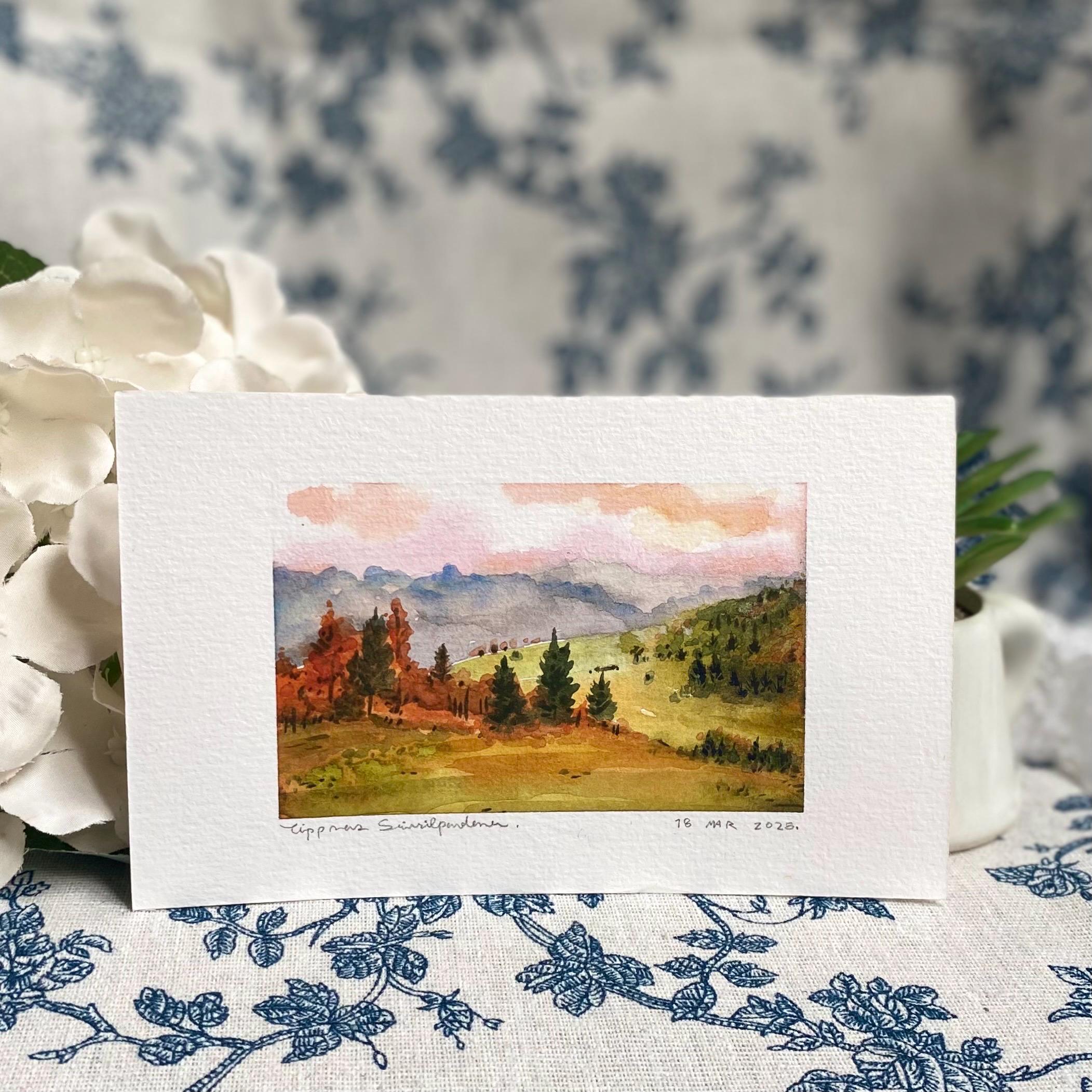 An Original Miniature Watercolor Painting of Nice Landscape Sunset and ...