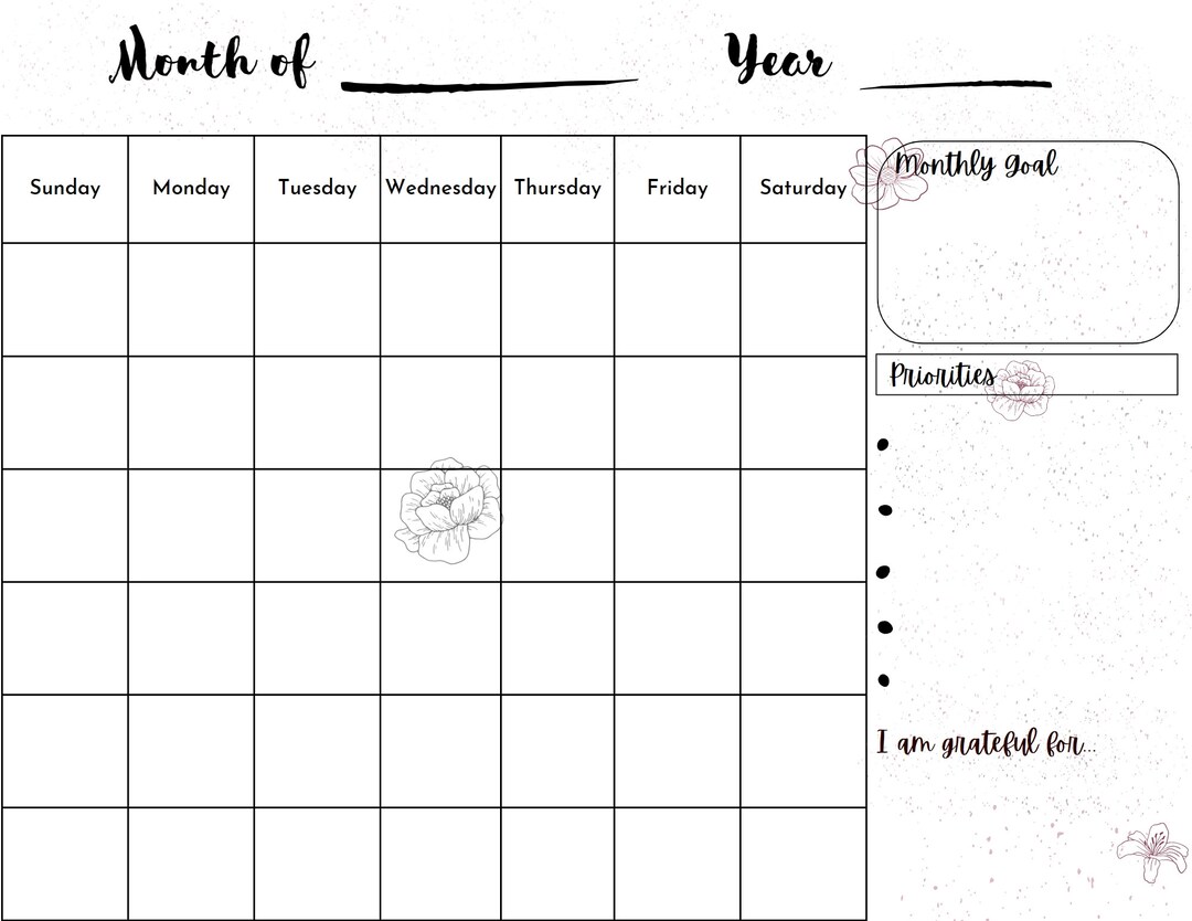 Monthly Calendar black Colored Printable - Etsy