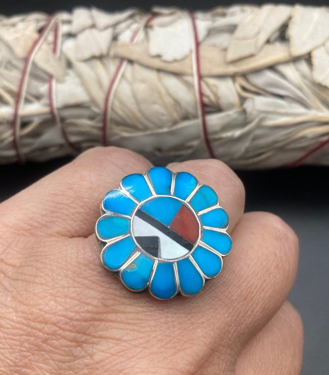 Vintage Zuni Turquoise Native American Sunface Ring Signed - 1975 - Etsy