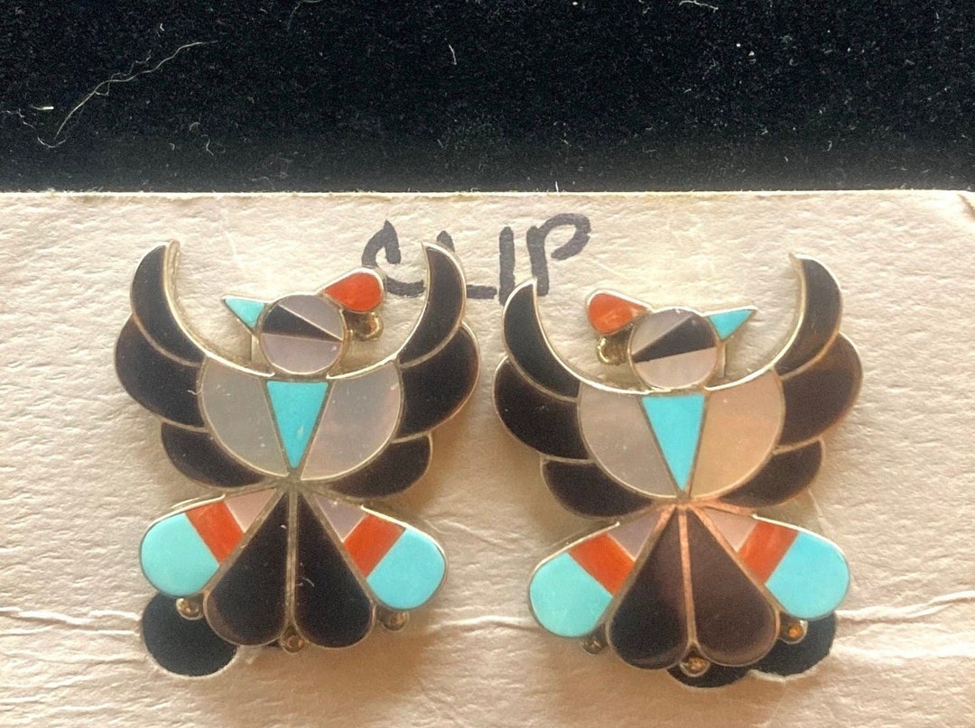 Vintage Native American Zuni Thunderbird Inlay Clip Earrings Signed B ...