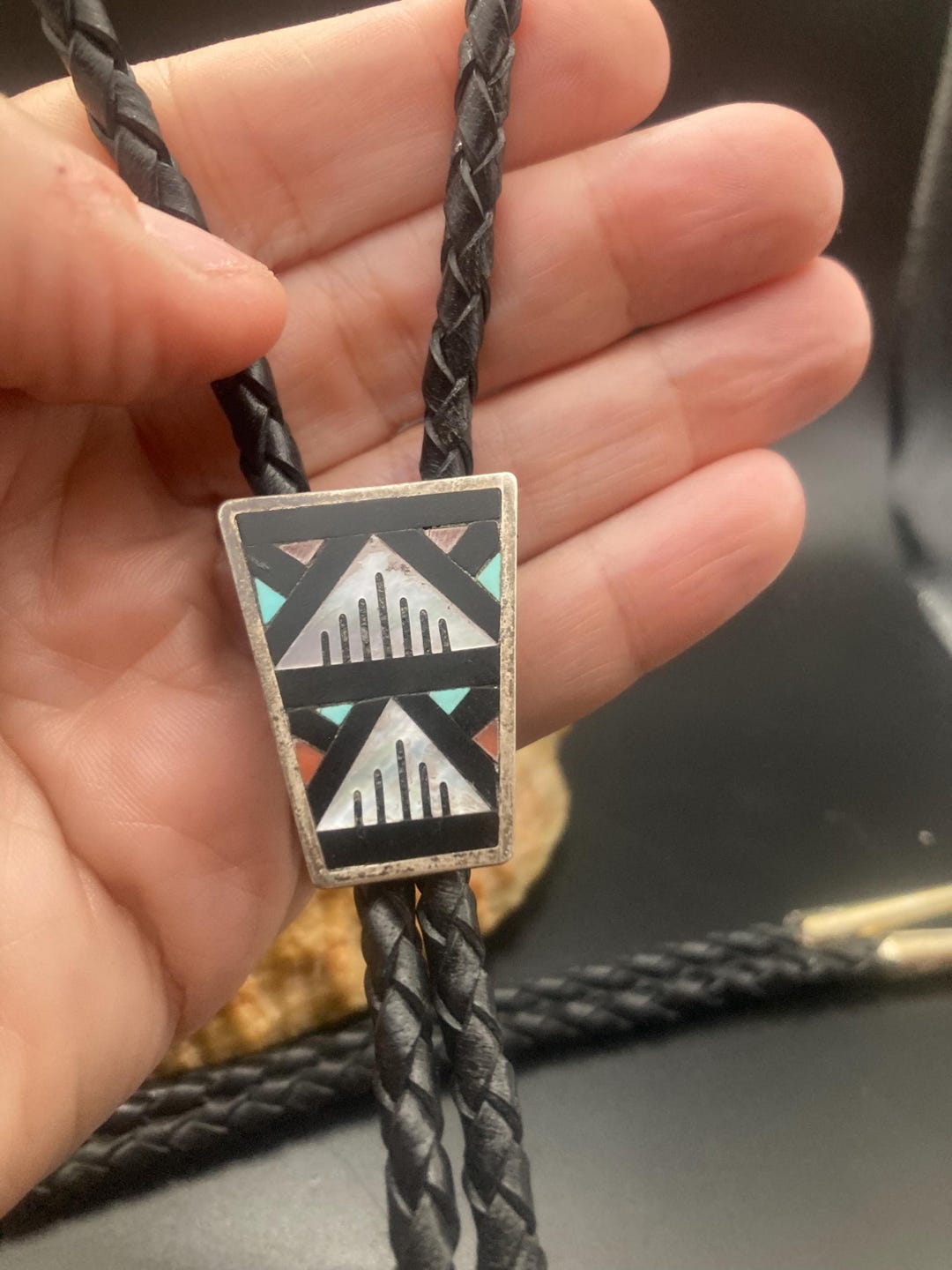 Signed Vintage Zuni Small Bolo Tie - Sterling Silver, Turquoise, Coral ...