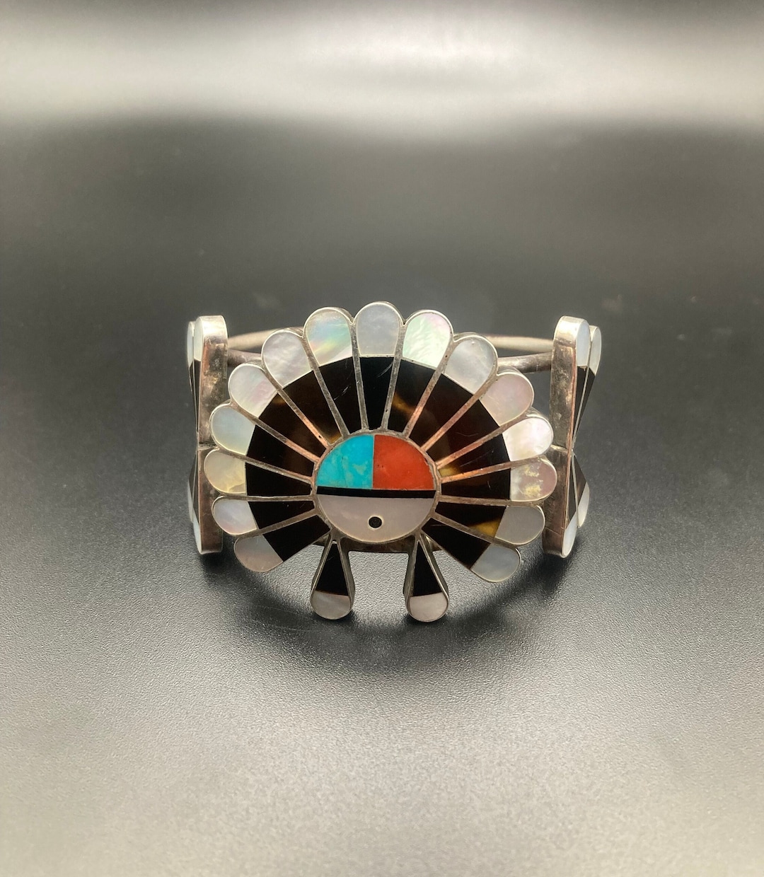Vintage Native American Zuni Sunface MOP Inlay Cuff Bracelet 1980s ...