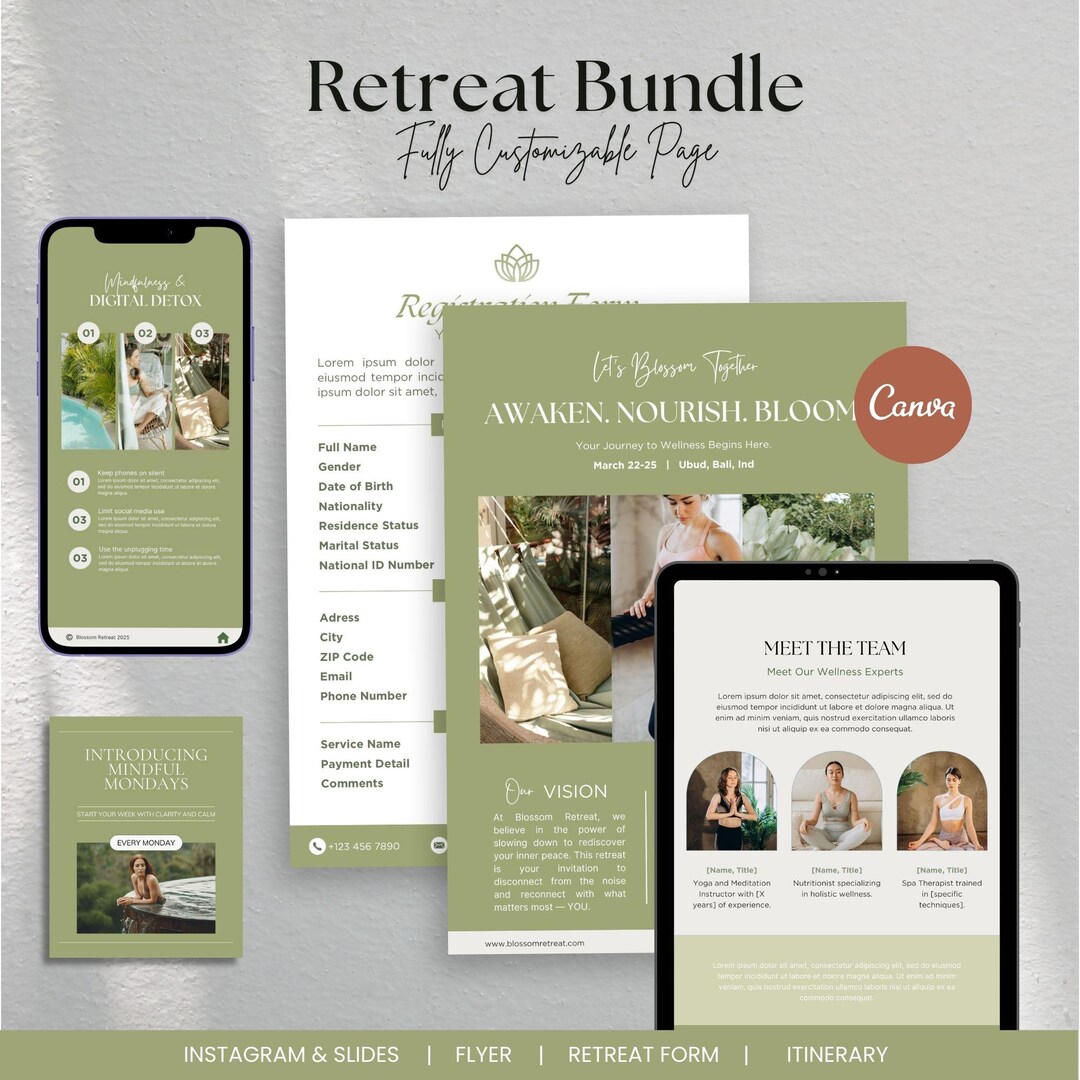 Retreat Planning Bundle Editable Templates for Canva Editable Itinerary ...
