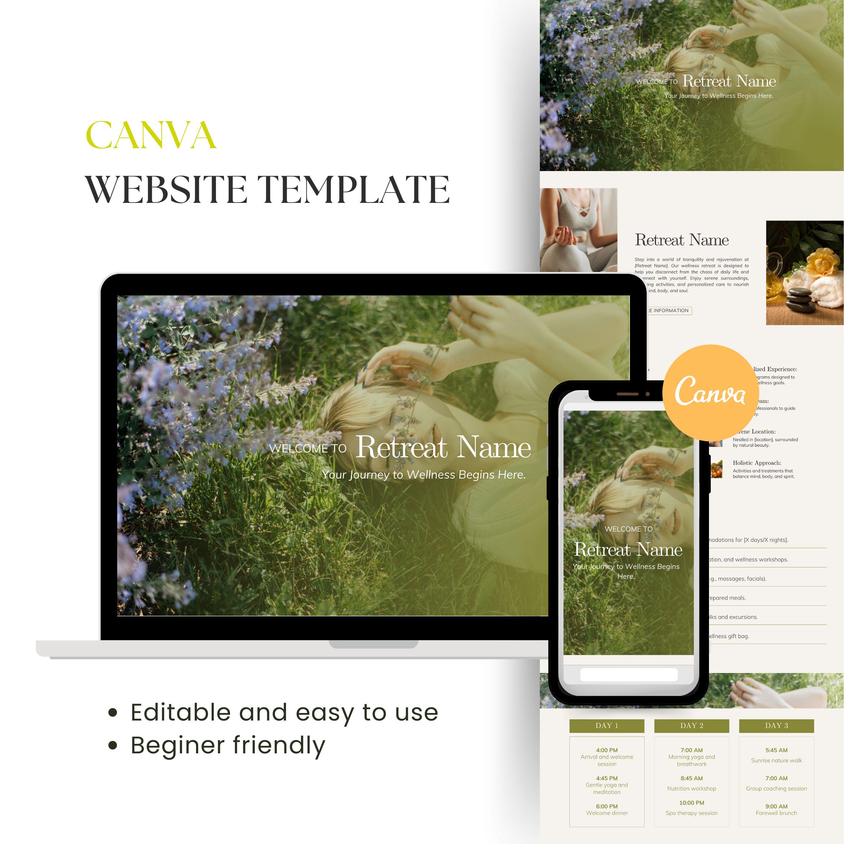 Wellness Retreat Canva Landing Page | Canva Website Template | Editable ...