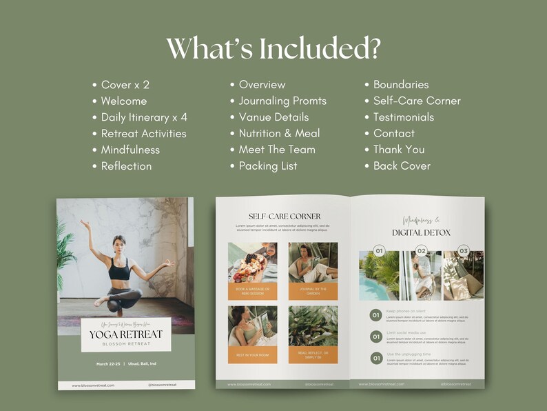 Retreat Itinerary Canva Template | 22 Pages Editable Yoga & Wellness ...