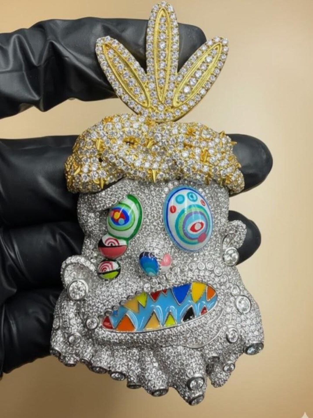 Iced Out Cartoon Pendant Necklace, Bling Hip Hop Jewelry, Gold Crown ...
