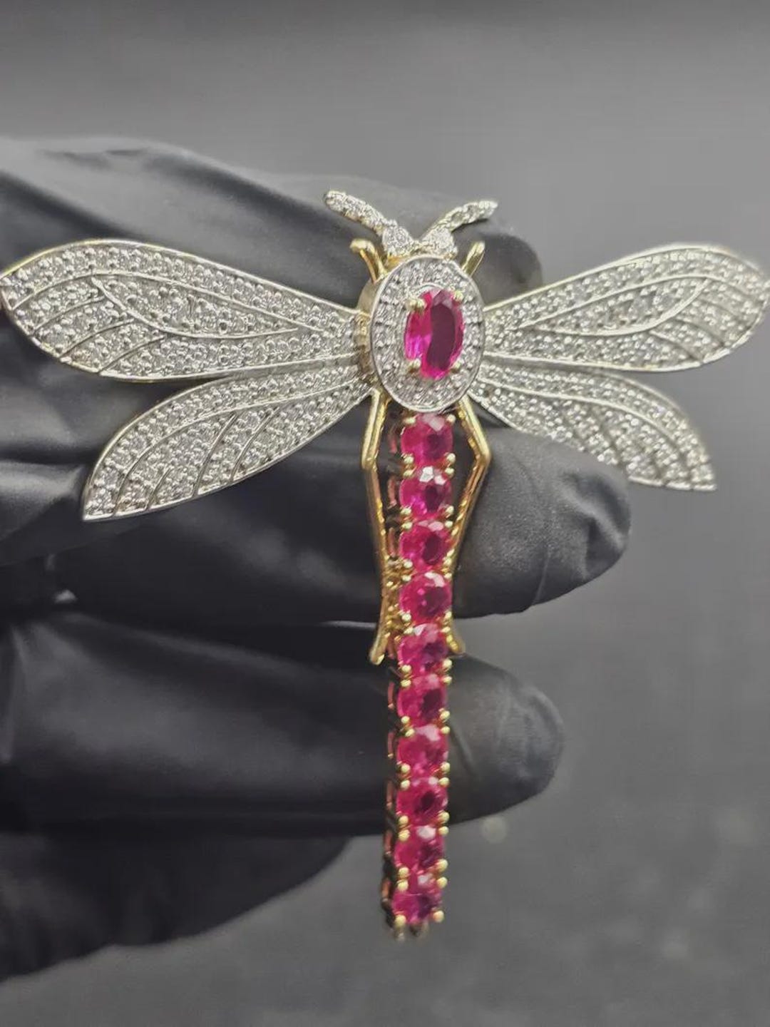 Ruby Dragonfly Brooch: Gold Tone Crystal Insect Pin - Etsy