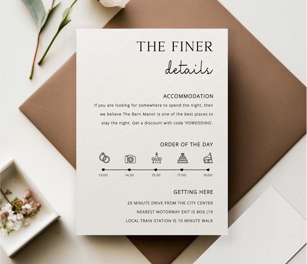 Wedding Details Card, Wedding Invitation, Information Card, Wedding Info Card, Wedding Details ...