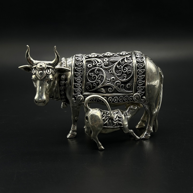 925 Sterling Silver Kamdhenu, Silver Cow and Calf Idol, Small Size Cow ...