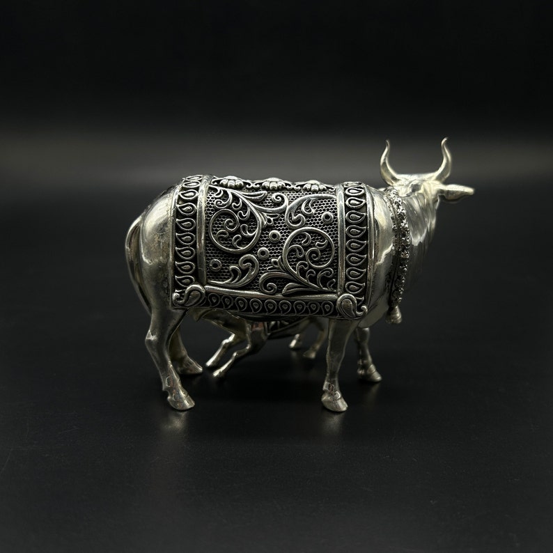 925 Sterling Silver Kamdhenu, Silver Cow and Calf Idol, Small Size Cow ...