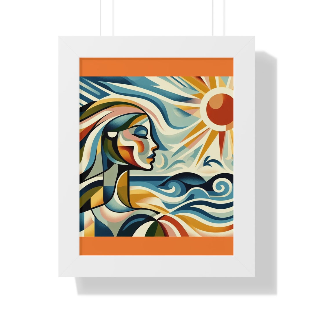 Woman, Sea and Sun With Cubism Style Framed Vertical Poster - Etsy