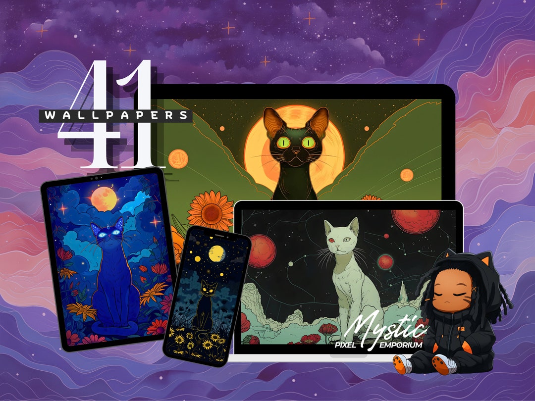 Psychedelic Twilight Cats Wallpaper, Whimsical Wallpapers, Cat Desktop Wallpaper, Cat Phone ...